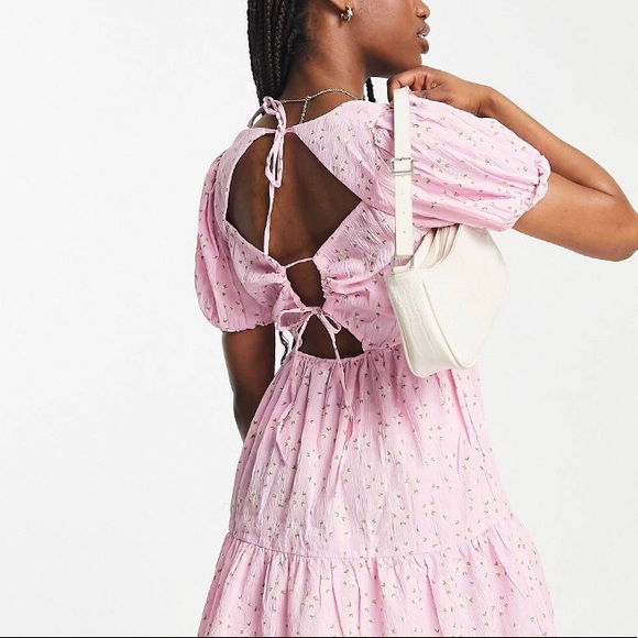 Dresses | Influence Puff Sleeve Pink Floral Mini Dress With Tieback ...